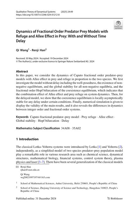 Pdf Dynamics Of Fractional Order Predator Prey Models With Refuge And Allee Effect In Prey