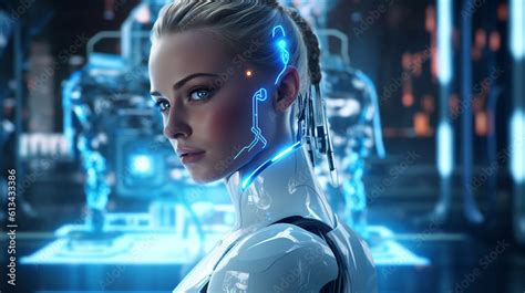 Female Cyborg With An Artificial Intelligence Head On Blue Background