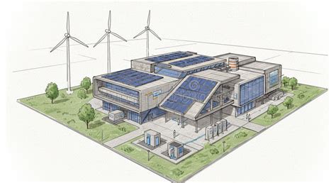 A Modern Angular Building Is Depicted With Flat Rooftops Covered In