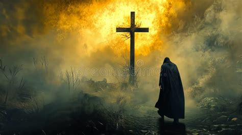 Somber Figure Approaches Glowing Cross In Fiery Background Evoking