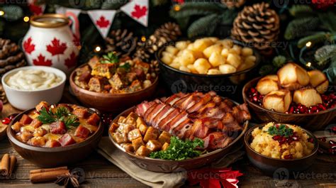Christmas Table With A Variety Of Traditional Canadian Dishes Such As