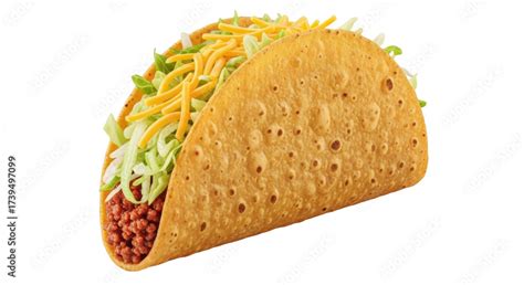 Isolated Hard Shell Taco With Seasoned Ground Beef Shredded Lettuce And Cheddar Cheese の Stock