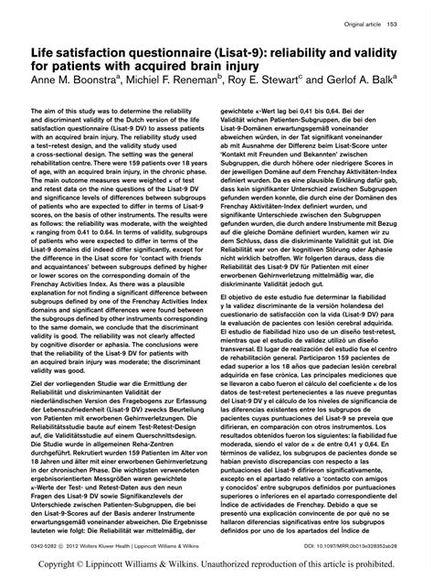 Life Satisfaction Questionnaire Lisat 9 Reliability And Validity For