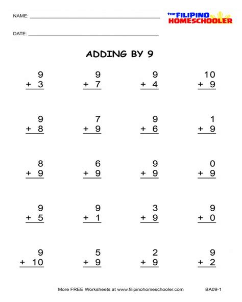 Adding Nine Worksheet Math Worksheets Printable