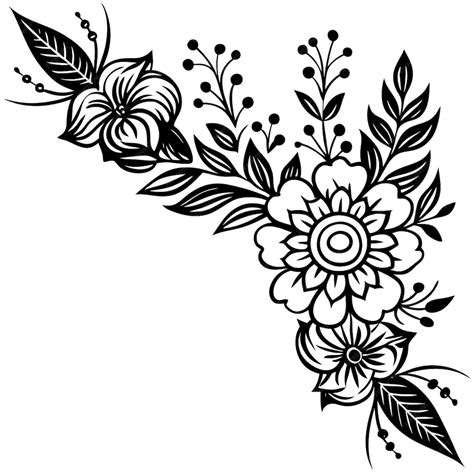 Black And White Floral Corner Design With Leaves And Flowers Premium