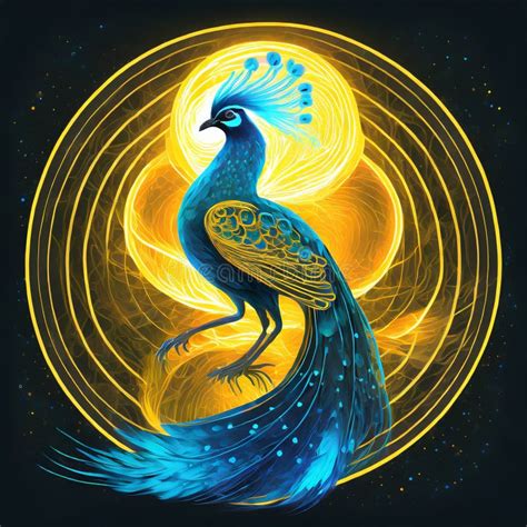 Blue Illustrated Peacock With Gold Circle Stock Illustration