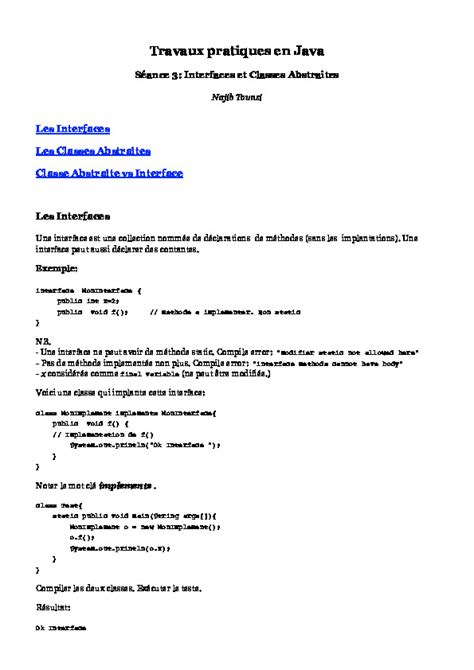 Travaux Pratiques En Java Interfaces Et Classes Abstraites