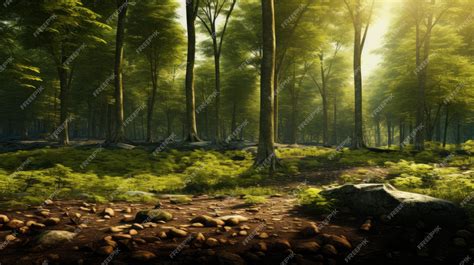 Premium Photo Realistic 3d Forest Rendering With Green Trees And Sunlight