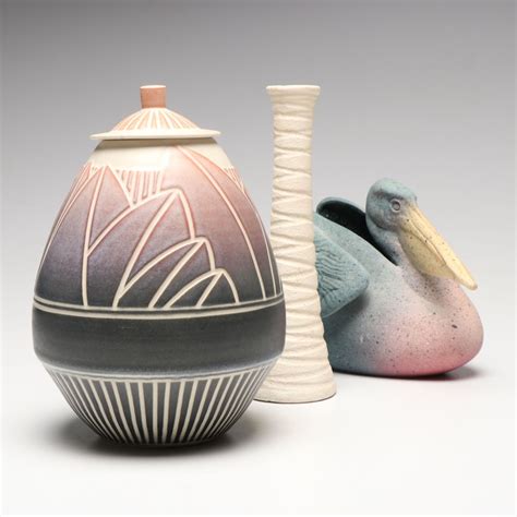 Wayne Bates Sgraffito Jar With Owl Creek Pelican Planter And Other