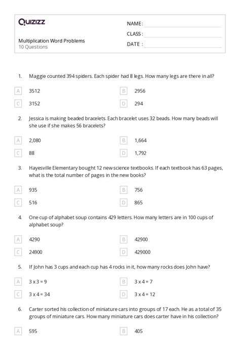 50 Multiplication Word Problems Worksheets For 4th Grade On Quizizz