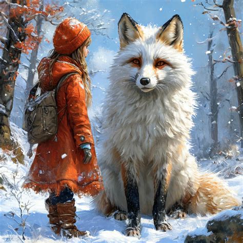 The Girl Is Standing Next To A Very Giant Fluffy White Fox In The Snow