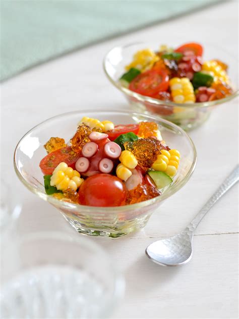 たこと野菜のポン酢ジュレサラダ。トマト、コーンで彩り前菜♪ レシピサイトnadia