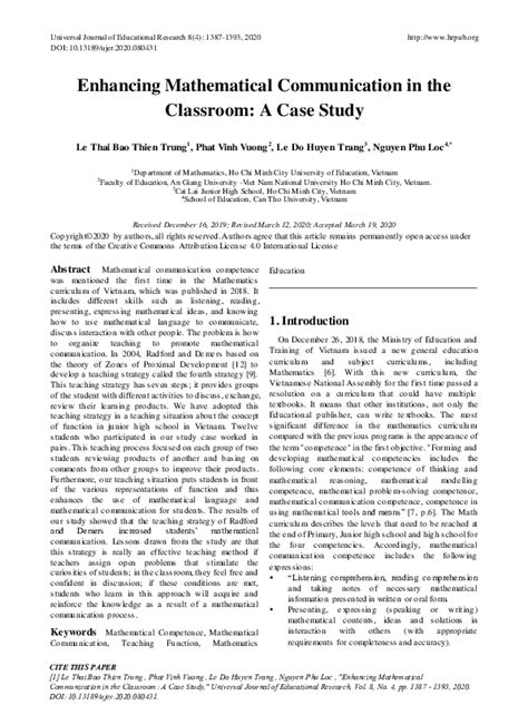 Pdf Enhancing Mathematical Communication In The Classroom A Case Study