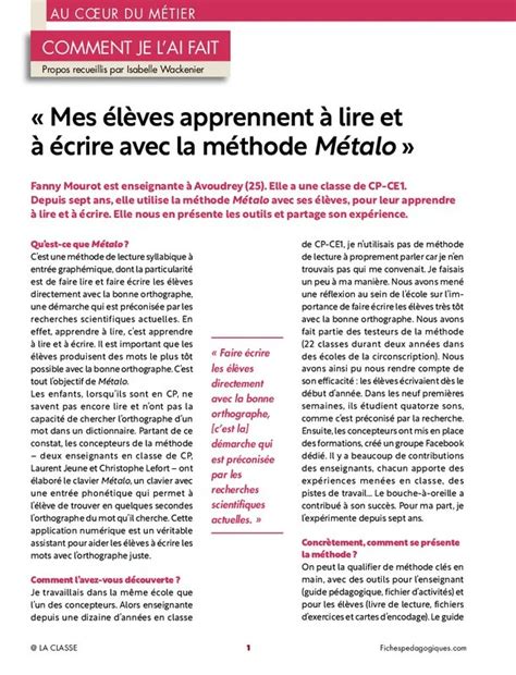 Mes élèves Apprennent à Lire Et à écrire Avec La Méthode Métalo