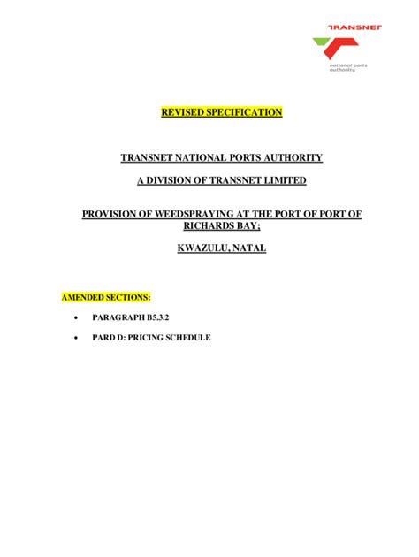 fillable online revised specification transnet national fax email