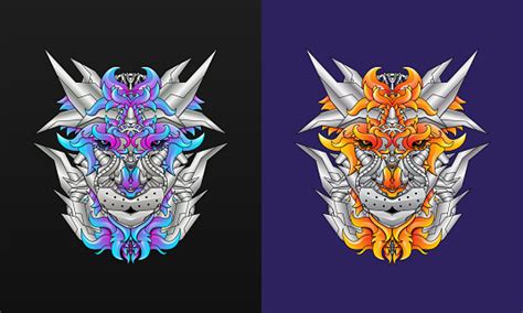 티셔츠 인쇄 포스터 장식 및 배경을위한 미래 지향적 인 사이보그 만화 스타일 호랑이 사자 머리 일러스트 레이 션 T 셔츠에 대한 스톡 벡터 아트 및 기타 이미지 Istock