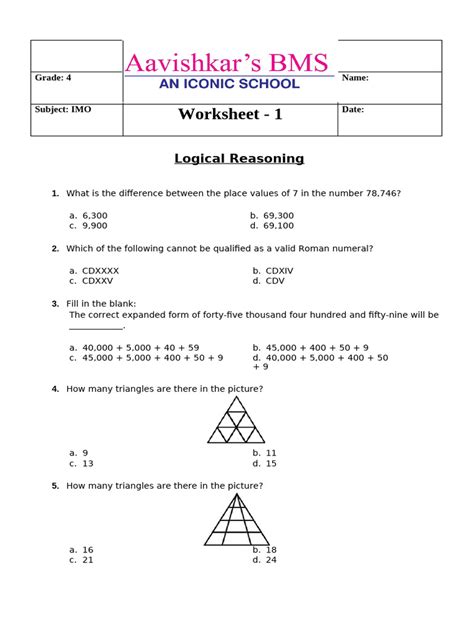 Imo Worksheet 1 Class 4 Pdf Mathematics