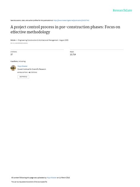 A Project Control Process In Pre Construction Phases Focus On Effective Methodology Pdf