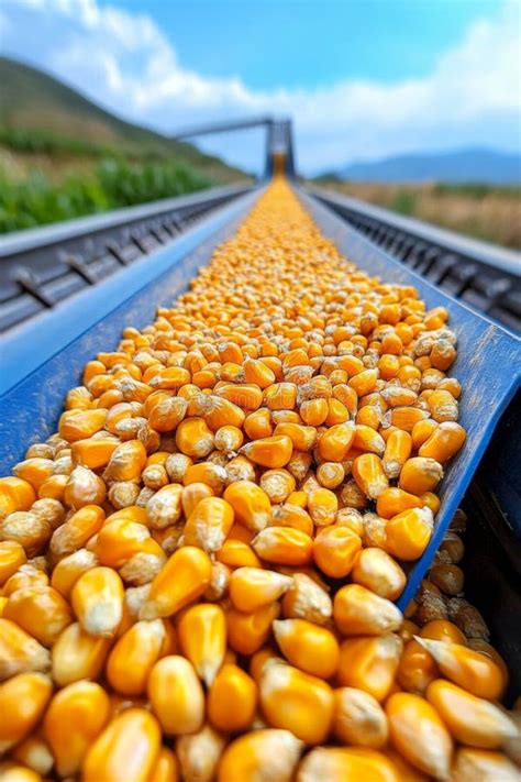 Harvested Corn Being Transported On A Conveyor Belt Under A Blue Sky In