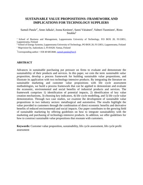Pdf Sustainable Value Propositions Framework And Implications For