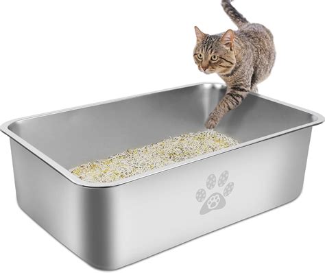 Pwtaa Stainless Steel Cat Litter Box High Side Cats Toilet Metal Kitten