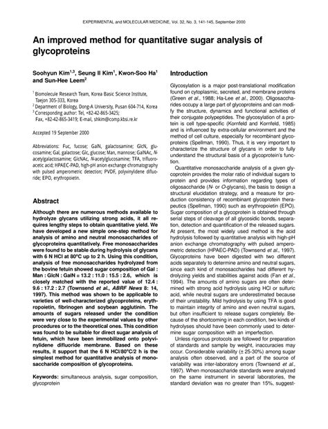 Pdf An Improved Method For Quantitative Sugar Analysis Of Glycoproteins