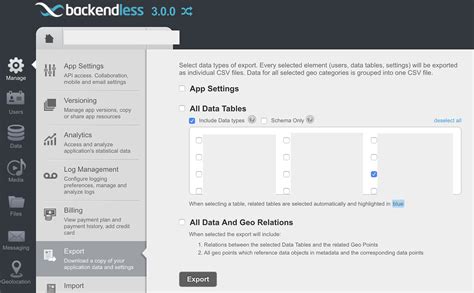 Data Export Console Backendless Support
