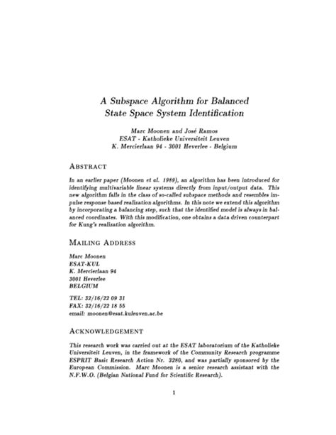 Pdf A Subspace Algorithm For Balanced State Space System Identification