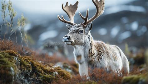 Cute Stag Standing In Snowy Forest Surrounded By Tranquil Nature