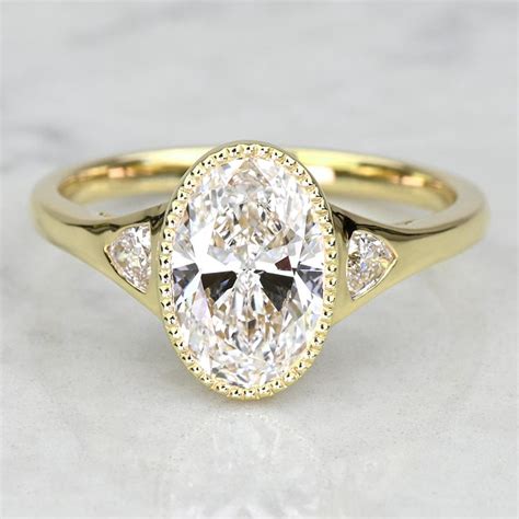 Custom Oval Lab Diamond Milgrain Bezel Engagement Ring With Trillion