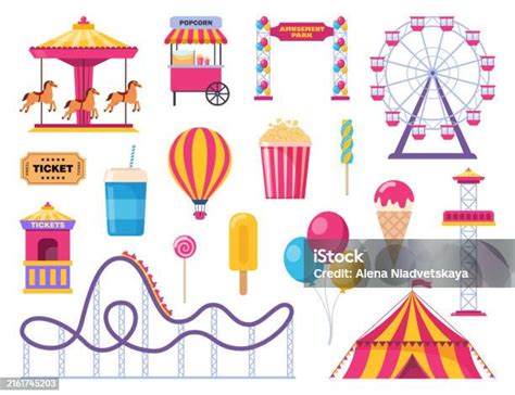 놀이 공원 아이콘입니다 벡터 카니발 서커스 텐트 관람차 롤러 코스터 회전 목마 및 팝콘 부스 티켓 상자 풍선 아이스크림 소다 팝콘 벡터 냉동식품에 대한 스톡 벡터 아트 및