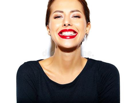 Appy Cute Brunette Woman In Casual Black Dress With Red Lips Stock