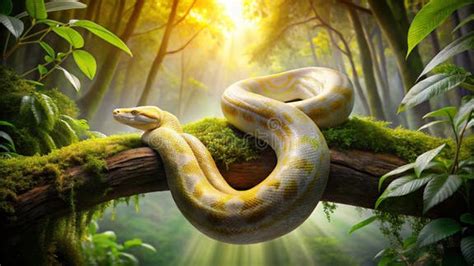 A Striking Albino Burmese Python On A Lush Tree Branch Captivating Wildlife Photography Showcase