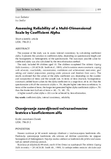 Pdf Assessing Reliability Of A Multi Dimensional Scale By Coefficient Alpha