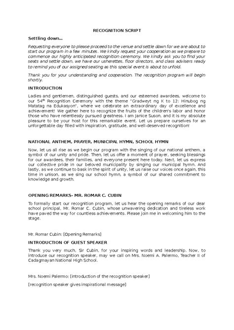 Recognition Script Super Final Recognition Script Settling Down