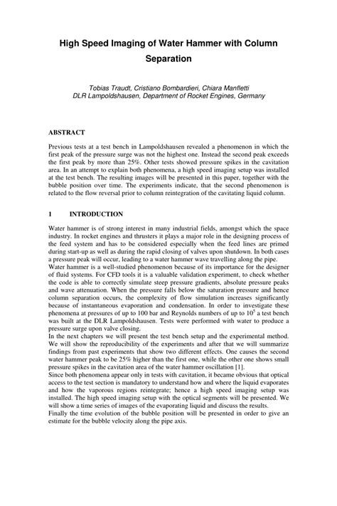 Pdf High Speed Imaging Of Water Hammer With Column Separation