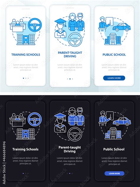 Teens Driver Education Dark Light Onboarding Mobile App Page Screen Walkthrough 3 Steps