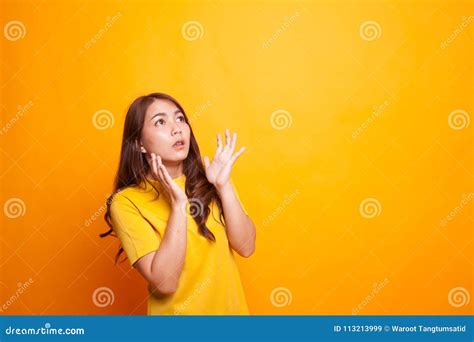 Beautiful Young Asian Woman Shocked And Look Up Stock Image Image Of