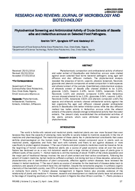 Pdf Phytochemical Screening And Antimicrobial Activity Of Crude Extracts Of Basella Alba And
