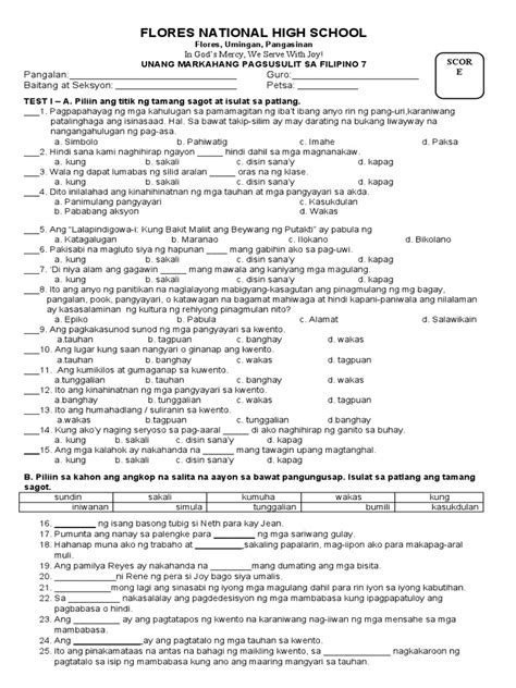 Unang Markahang Pagsusulit Sa Filipino 7 Pdf