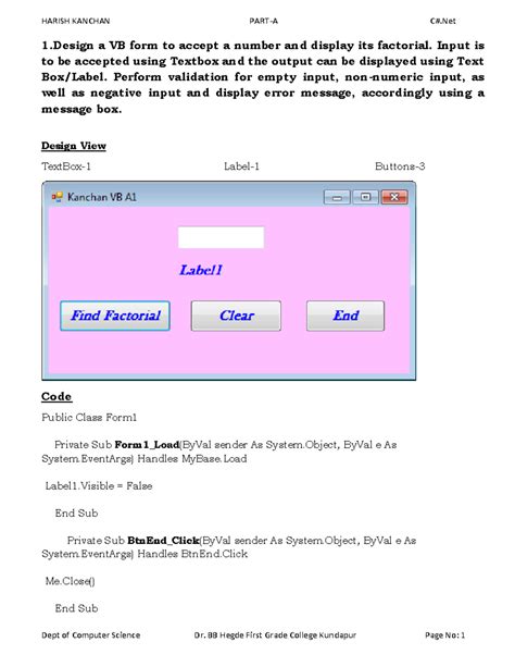 C Vb A1 Factorial 1 A Vb Form To Accept A Number And Display Its Factorial Input Is To Be