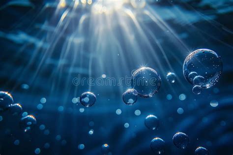 Underwater Bubbles On A Dark Blue Background Sun Rays Macro