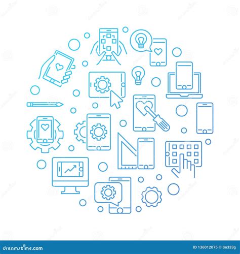Mobile App Development Vector Round Blue Outline Illustration Stock