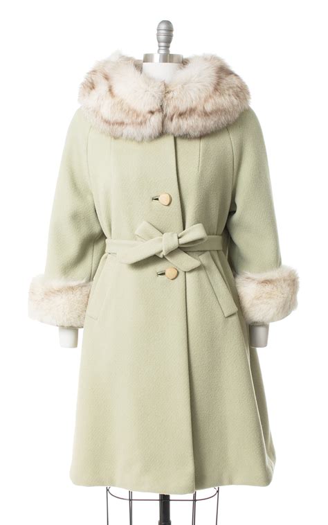 1960s Fox Fur And Mint Green Wool Coat Mediumlarge Birthday Life Vintage
