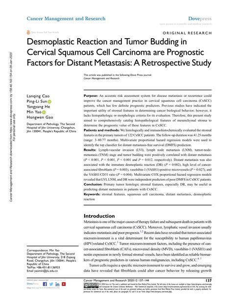 Pdf Desmoplastic Reaction And Tumor Budding In Cervical Squamous Cell Carcinoma Are Prognostic
