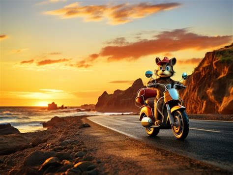 Premium Photo Mickey Mouse On A Motorcycle On A Road Near The Ocean Generative Ai