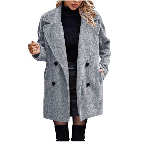 Wreesh Womens Fleece Trench Coats Notched Lapel Double Breasted Pea