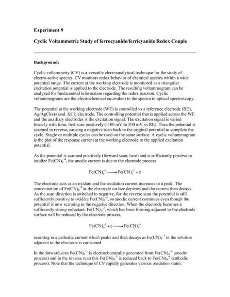 Experiment 9 Cyclic Voltammetric Study Of Ferrocyanideferricyanide