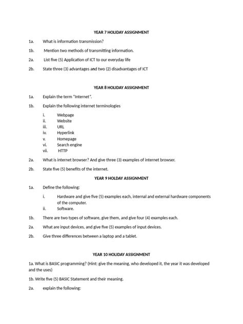 Holiday Assignment For All Classes Pdf