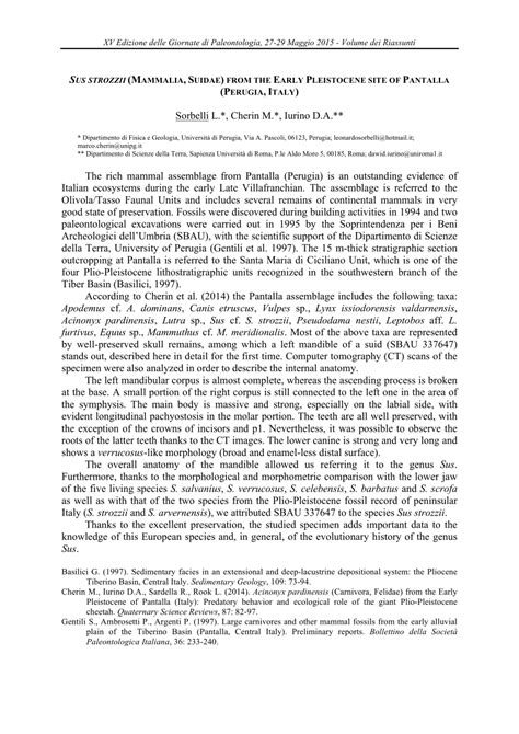 Pdf Sus Strozzii Mammalia Suidae From The Early Pleistocene Site Of Pantalla Perugia Italy